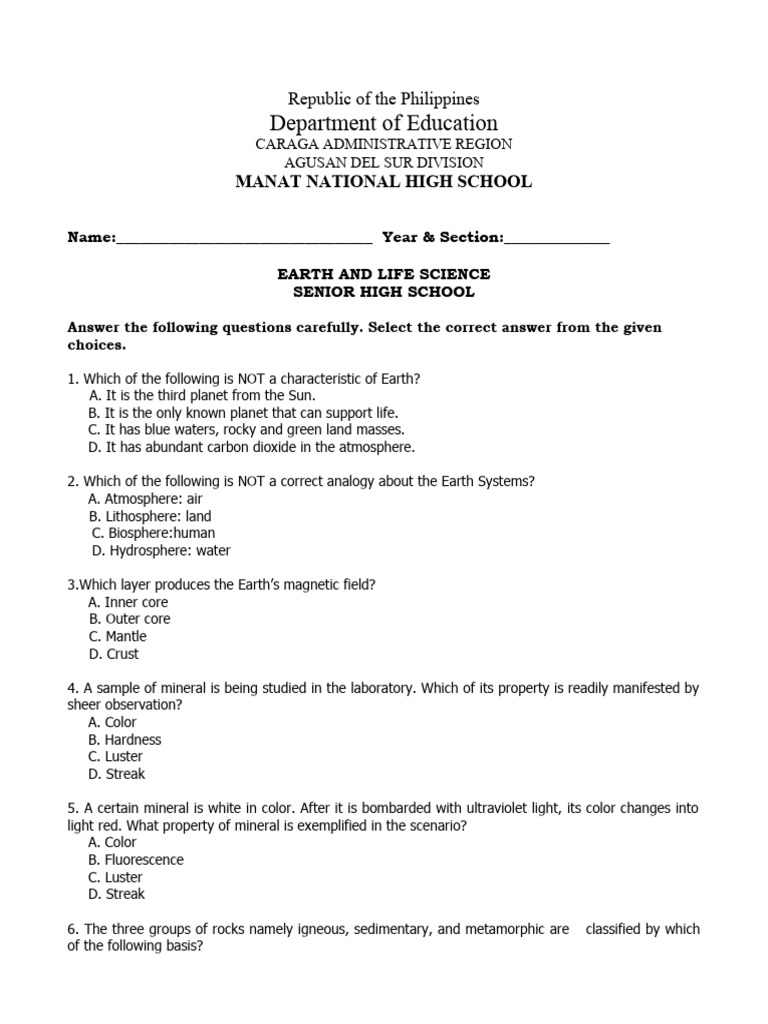 Earth and Life Science Summative - Week 1 - 2 | PDF | Earth | Rock ...