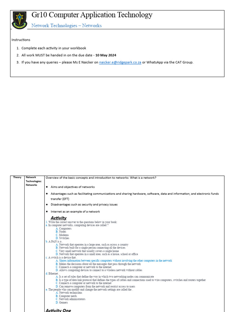 Gr10 CAT Theory Network Technologies - Networks | PDF | Computer ...
