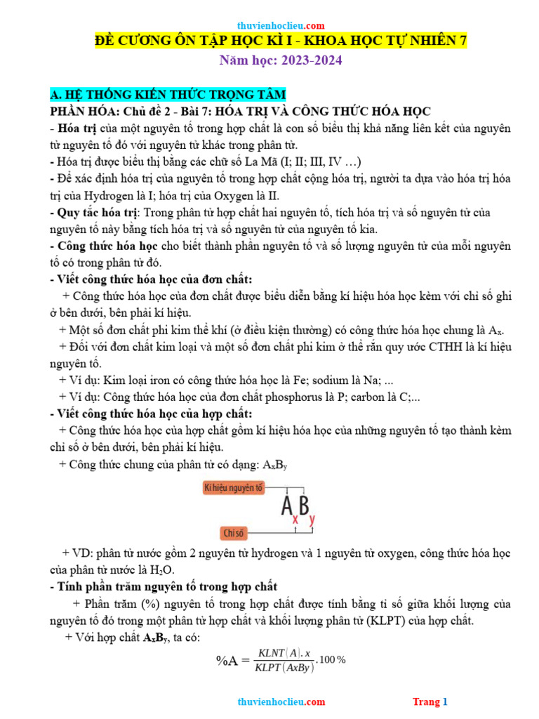 De Cuong On Tap HK1 KHTN 7 Nam 23 24 | PDF