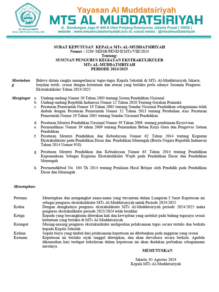SURAT KEPUTUSAN PENGURUS EKSKUL 2024-2025 | PDF