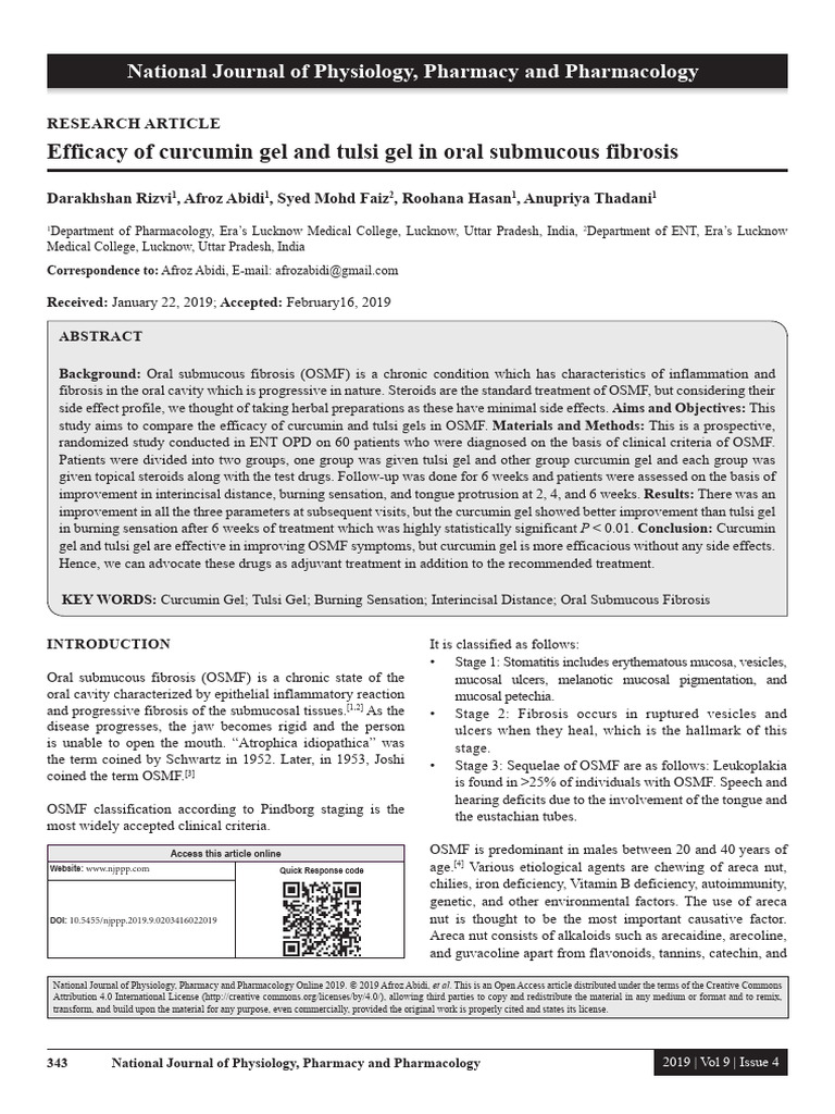 Efficacy of Curcumin Gel and Tulsi Gel in Oral Submucous Fibrosis | PDF ...
