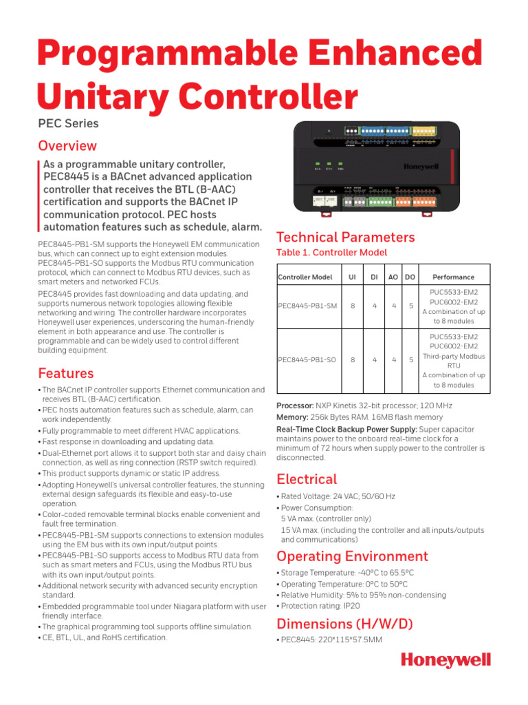 Honeywell PEC8445 Controller Overview | PDF | Relay | Manufactured Goods