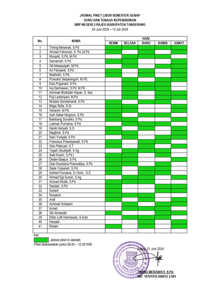 Jadwal Piket Libur Semester Genap Ta 2023 - 2024 | PDF