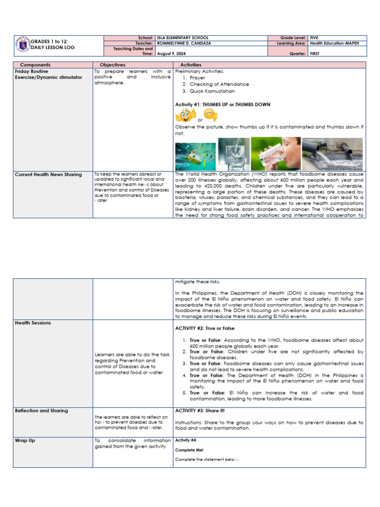 Health Education Lesson Plan for Grade 5 | PDF | Foodborne Illness ...
