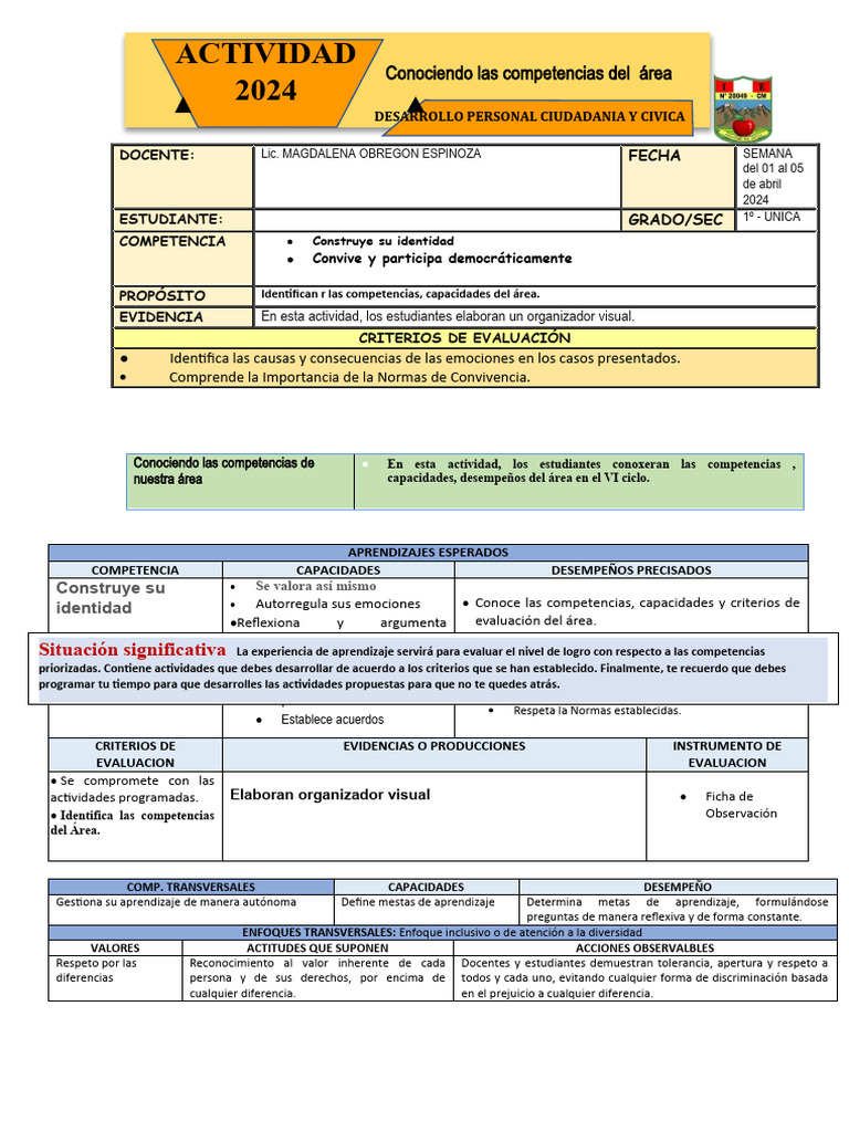 ACTIVIDAD DE APRENDIZAJE 1º DPCC - Semana Del 01 Al 05 de Abril Del 2024 | PDF | Evaluación ...