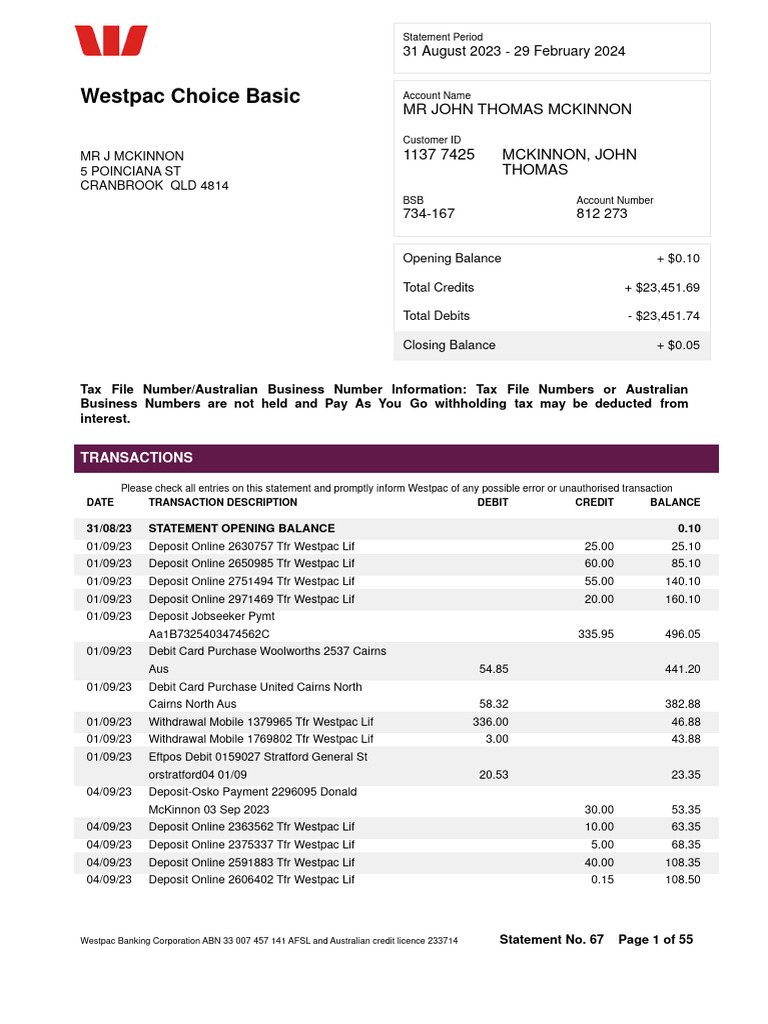 Westpac Statement Summary: Aug-Sep 2023 | PDF | Debit Card | Deposit ...