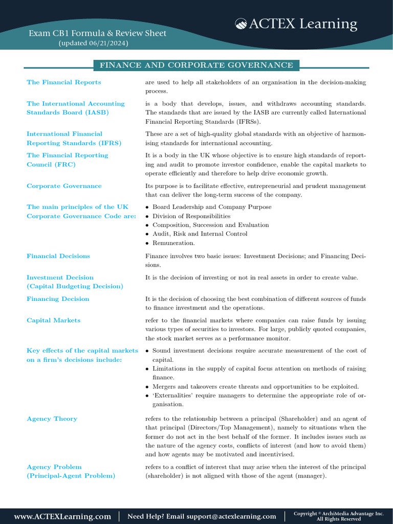 CB1 FormulaSheet | PDF | Futures Contract | Stocks