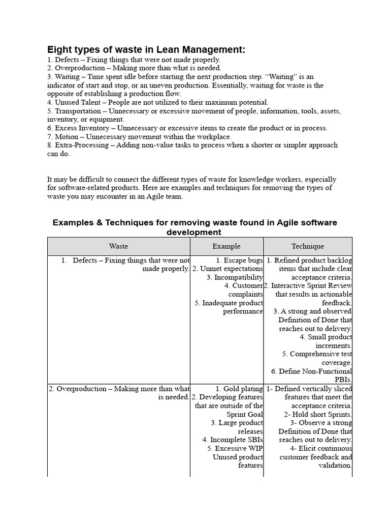 Eight Types of Waste in Lean Management | PDF | Agile Software ...