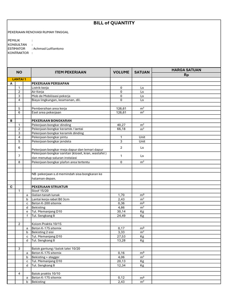 Rincian Pekerjaan Renovasi Rumah Tinggal | PDF