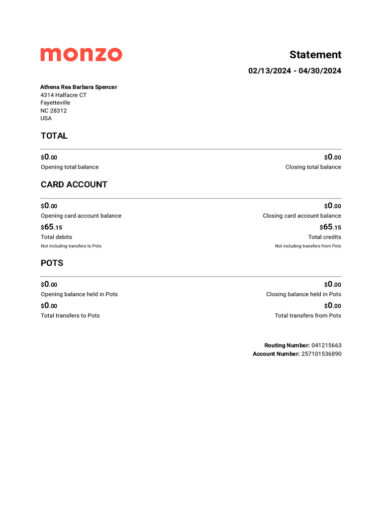 Monzo - Statement - 2024 02 13 2024 04 30 - 8832 | PDF | Cash | Banking ...