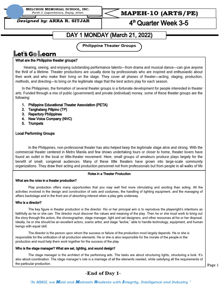 MAPEH 10 Module 14 (ARTS & P.E) | PDF | Hand | Cheerleading