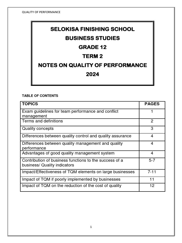 Grade 12 Quality of Performance Notes | PDF | Quality (Business ...