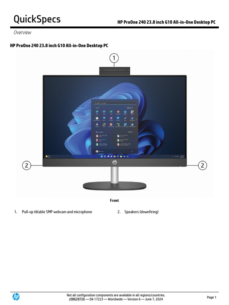 Quickspecs: HP Proone 240 23.8 Inch G10 All-In-One Desktop PC | PDF | Solid State Drive | Usb