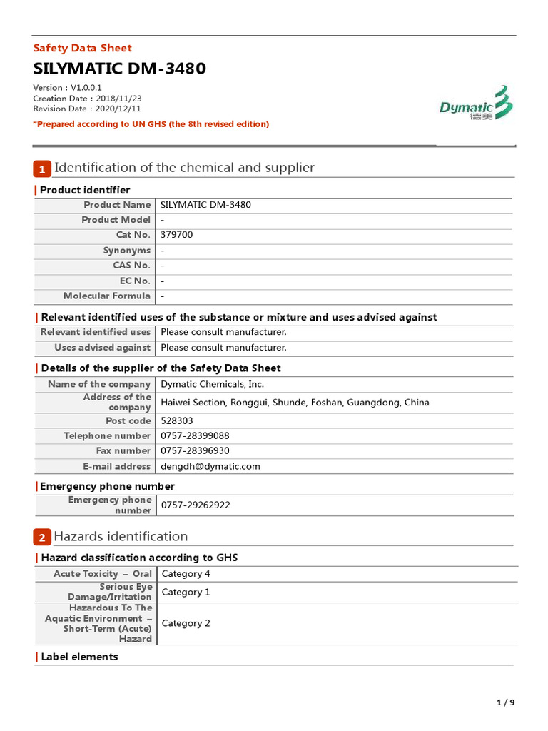 Silmatic DM-3480 SDS (EN) | PDF | Safety | Occupational Safety And Health