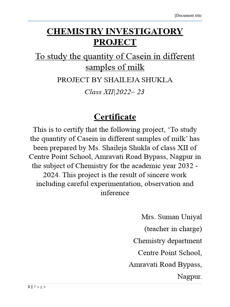 Chemistry Investigatory Project-Draft | PDF | Milk