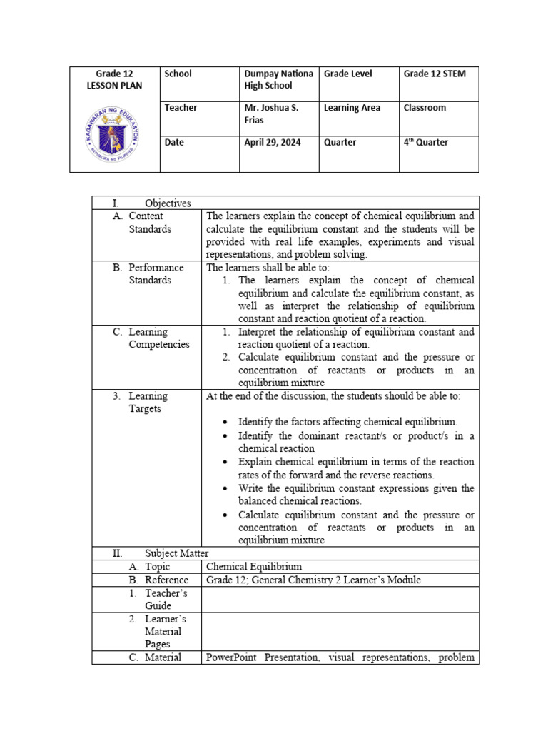 Grade 12 Lesson Plan: Chemical Equilibrium | PDF | Chemical Equilibrium ...