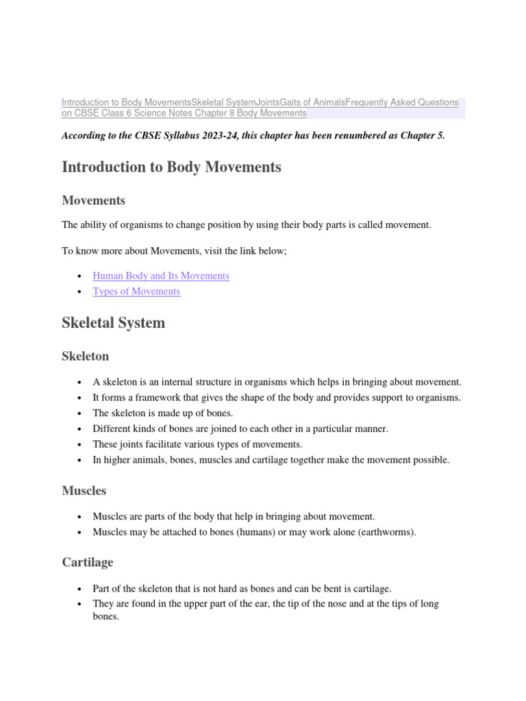 Class 6 Body Movements Overview | PDF | Skeleton | Joint