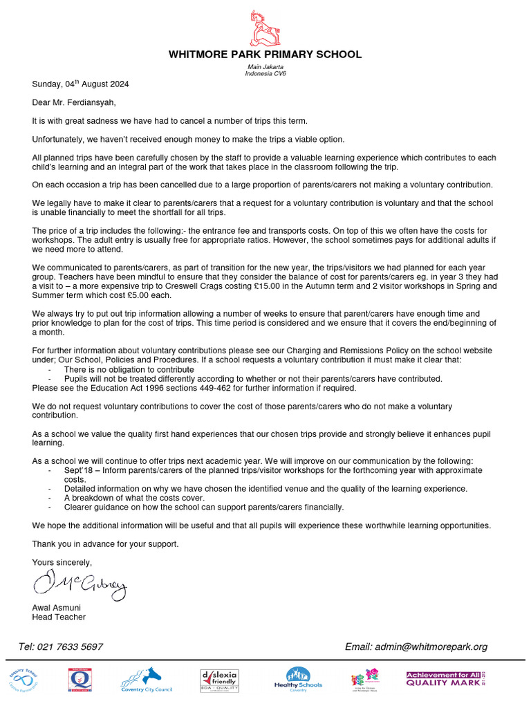 Trip Cancellations Information Letter | PDF | Caregiver