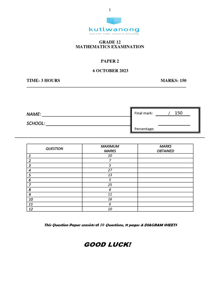 Promaths Grade 12 Maths Paper 2 (6 Oct 2023) | PDF | Circle | Euclidean ...