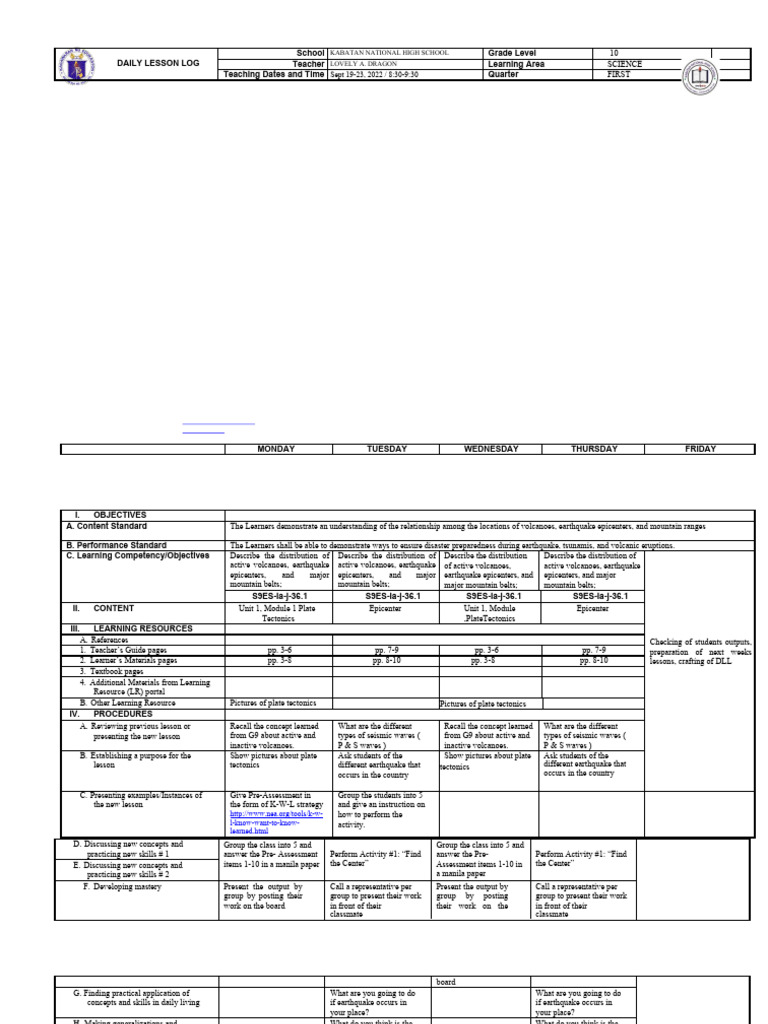 Grade 10 Science Lesson Plan: Earthquakes | PDF | Earthquakes | Volcano