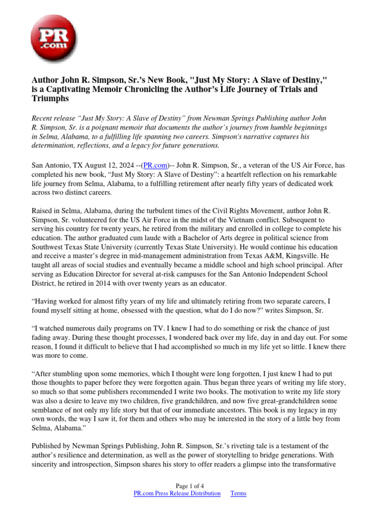 Author John R. Simpson, Sr.'s New Book, "Just My Story: A Slave of ...