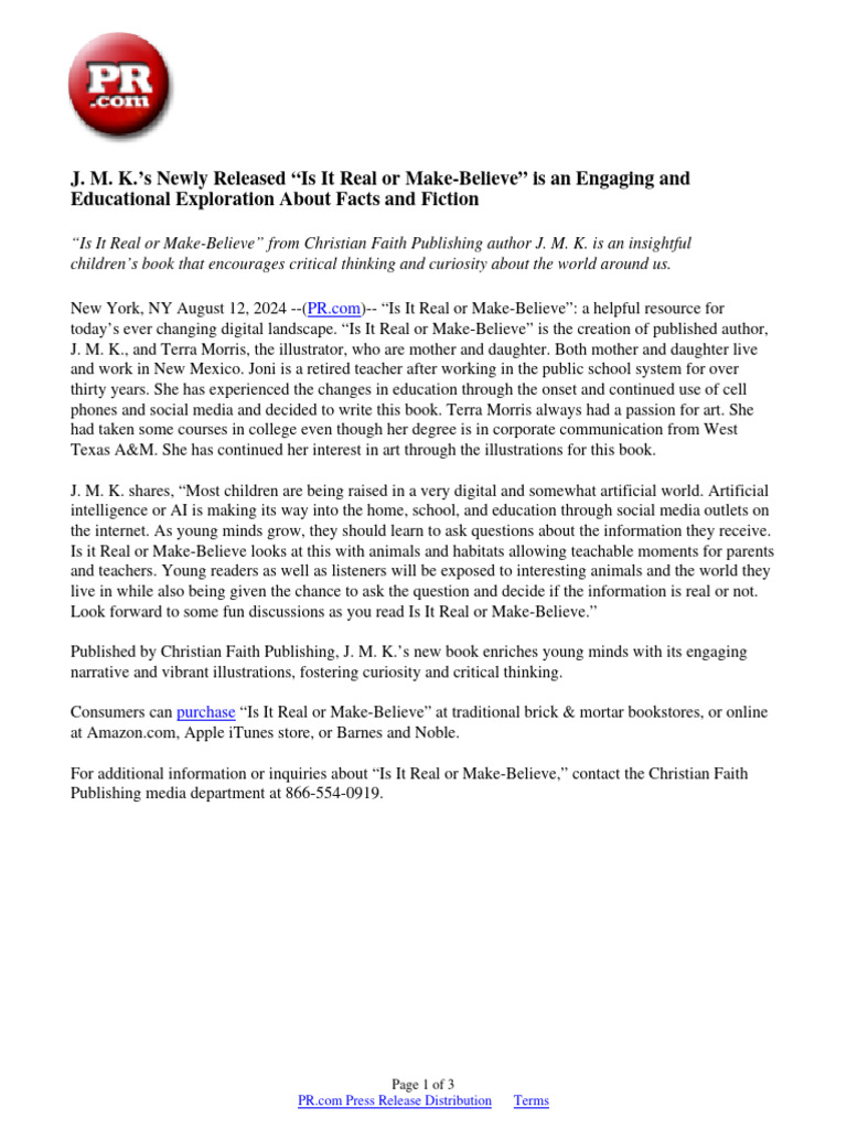 J. M. K.'s Newly Released "Is It Real or Make-Believe" Is An Engaging ...
