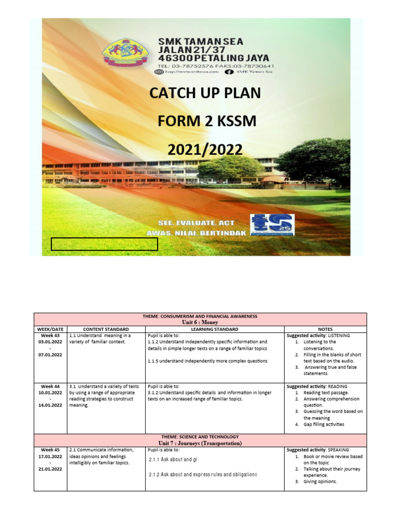 Form 2 KSSM Catch Up Plan | PDF | Reading Comprehension | Writing