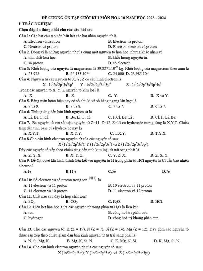 E Cuong Hoa 10 Nam Hoc 2023 - 2024 | PDF