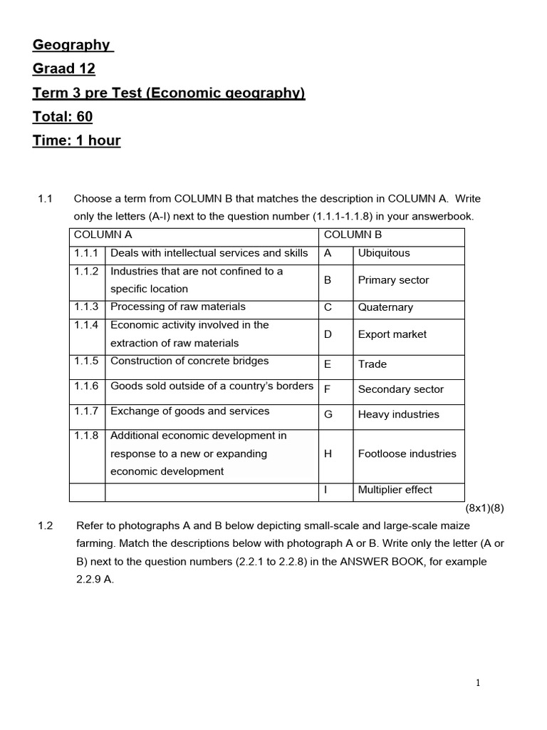 Geog - Grade12 - QP Pre - Test Economic Geography | PDF | Coal | South ...