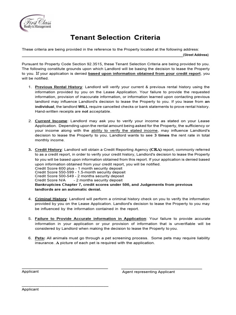 Tenant Selection Criteria-2020 | PDF | Lease | Landlord