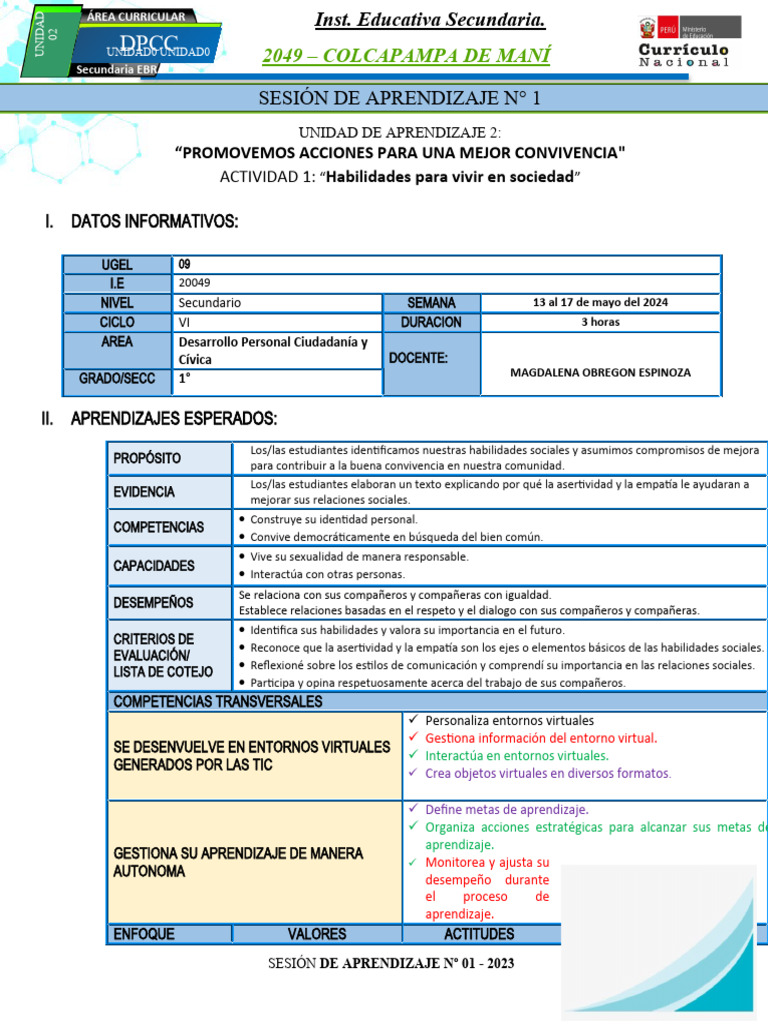 DPCC 1º Sesion 1 Unidad 2 | PDF | Aprendizaje | Maestros