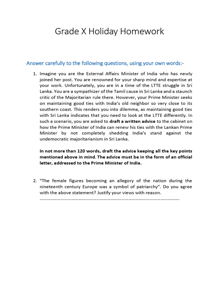 Grade X Holiday Homework - SST | PDF