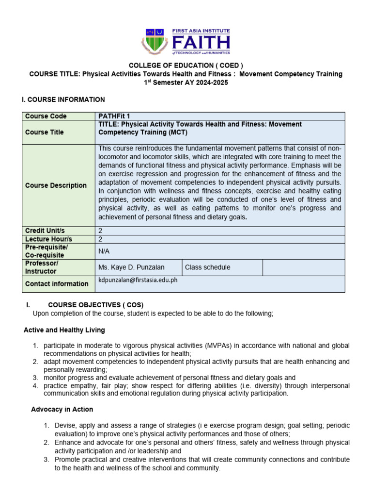 Latest COURSE OUTLINE PATHFIT 1 MOVEMENT COMPETENCY | PDF | Physical ...