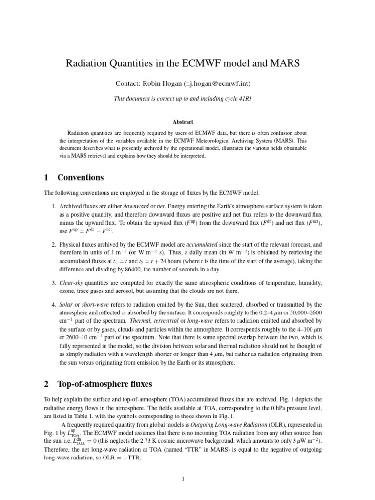 18490 Radiation Quantities Ecmwf Model And Mars Pdf Physical