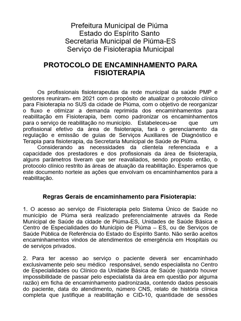 Protocolo de Encaminhamento Fisioterapia | PDF | Fisioterapia | Cirurgia ortopédica