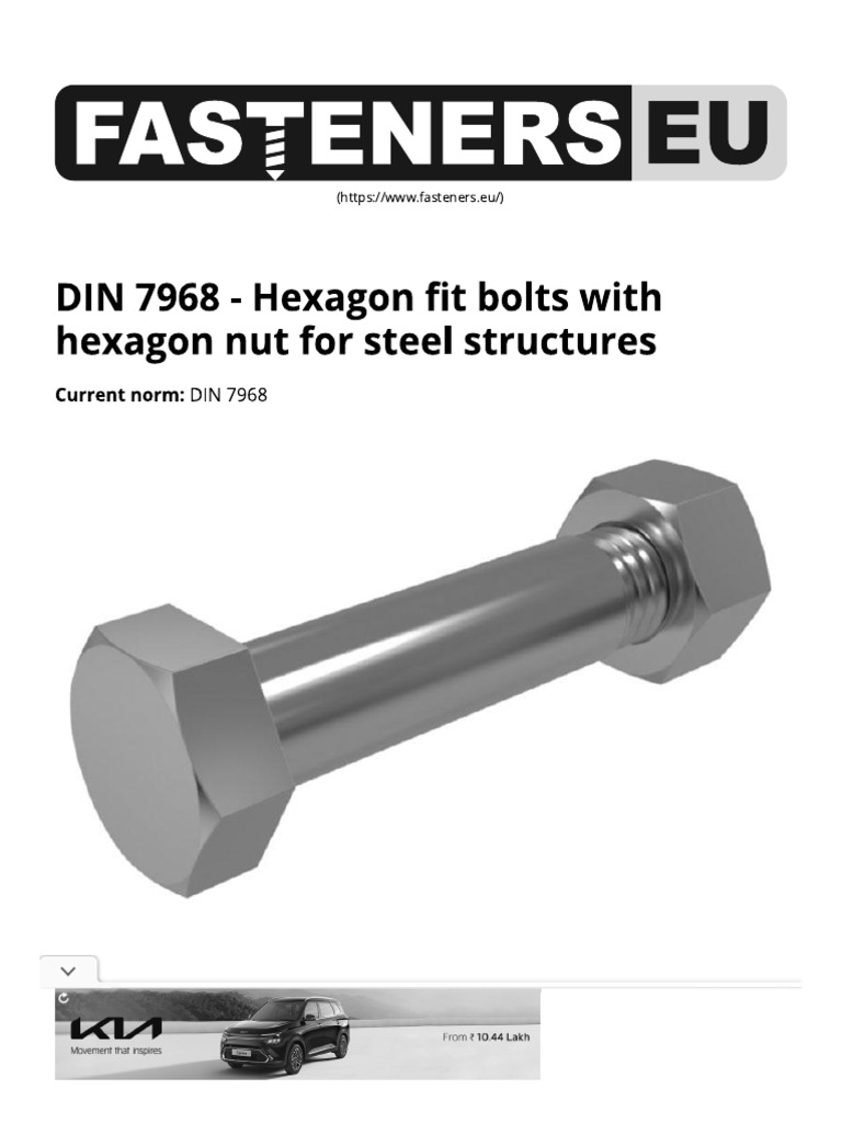 DIN 7968 - Hexagon Fit Bolts With Hexagon Nut For Steel Structures | PDF