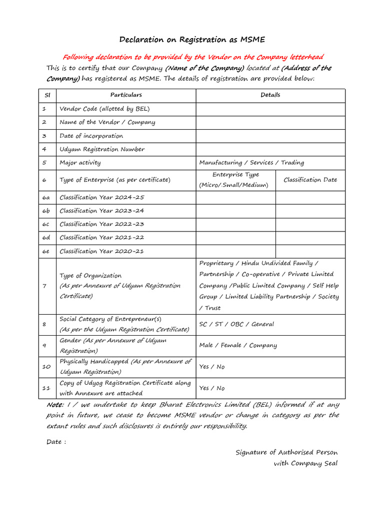 Declaration On Registration As MSME | PDF | Small And Medium Sized ...