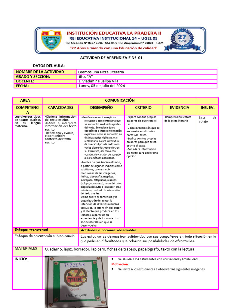 SESIÓN de APRENDIZAJE #01 Leemos Una Pizza Literaria | PDF ...