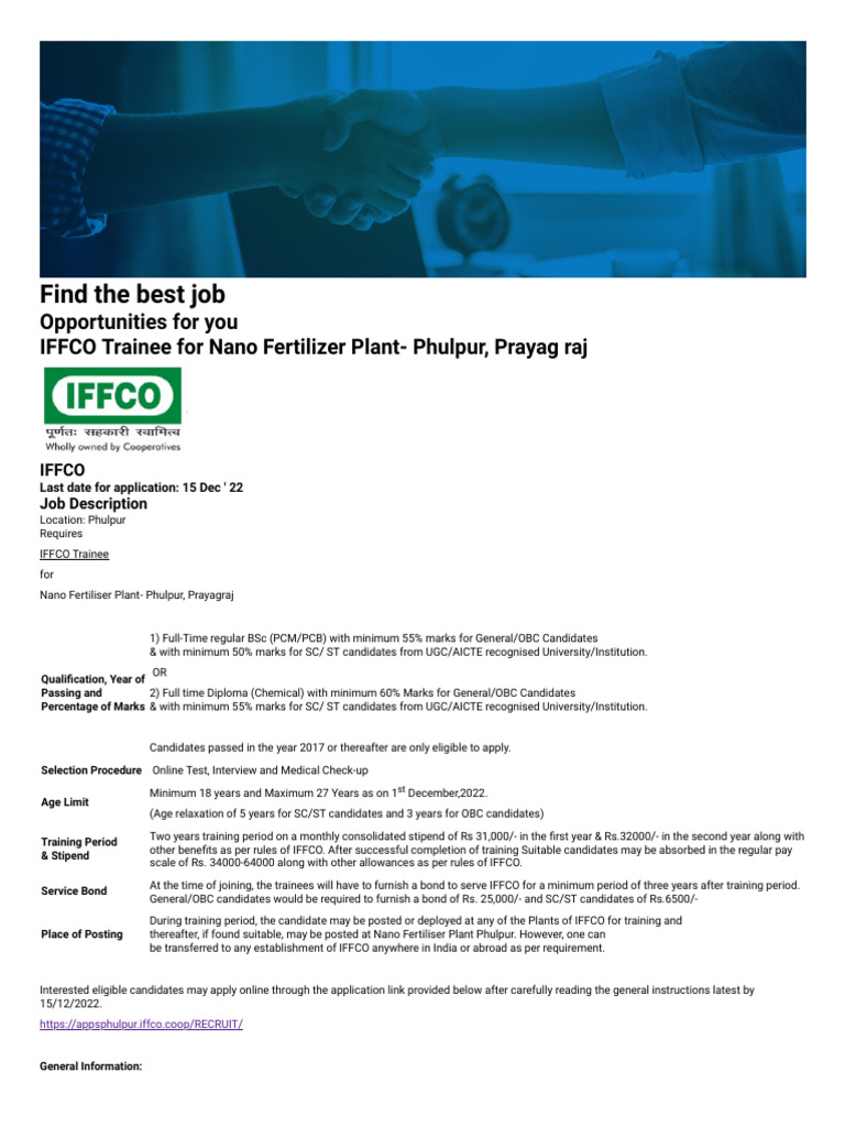 IFFCO Trainee For Nano Fertilizer Plant - Phulpur, Prayag Raj - Phulpur - IFFCO - Fresher ...