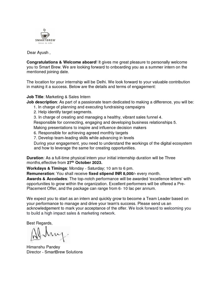 Internship Offer Letter - Ayush | PDF