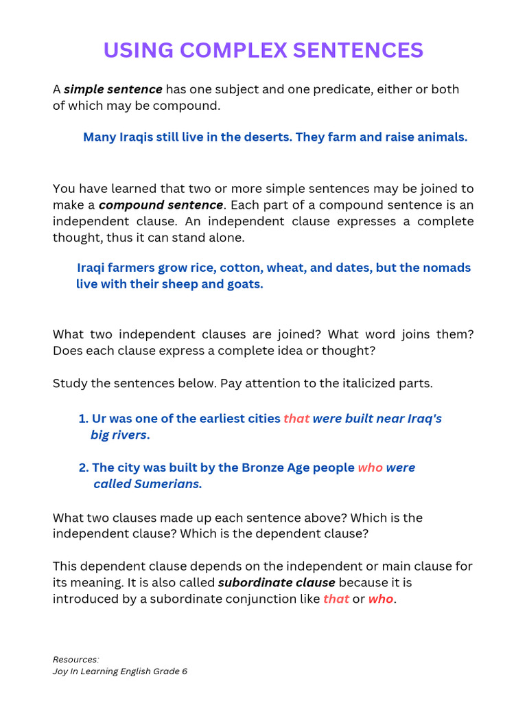 Using Complex Sentences Lesson | PDF | Clause | Linguistics