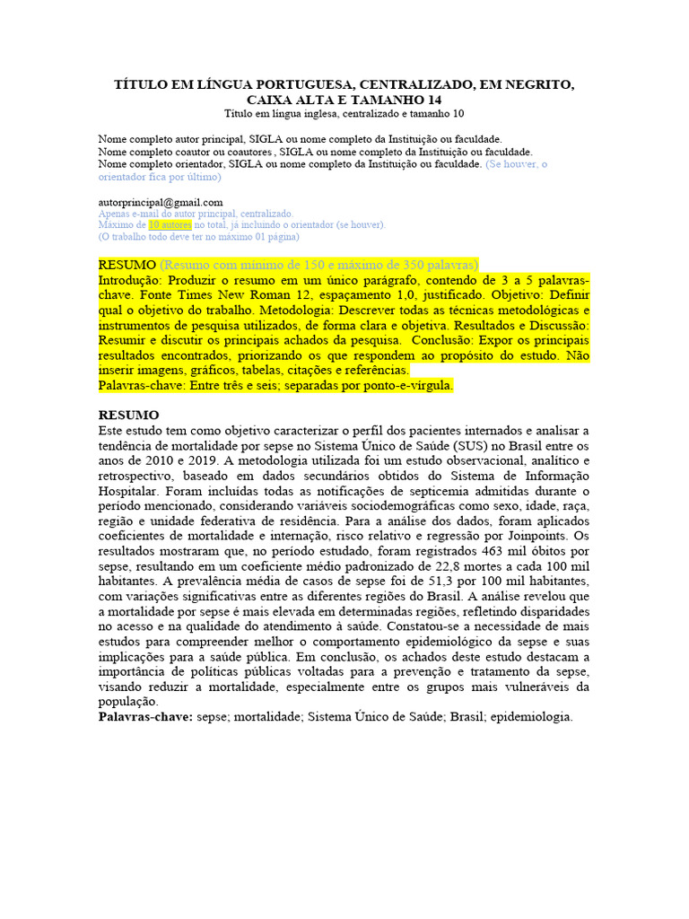 Modelo Resumo Simples | PDF | Epidemiologia | Sepse