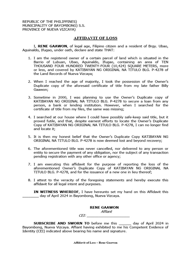AFFIDAVIT OF LOSS-Gaawon | PDF | Affidavit | Civil Law (Common Law)