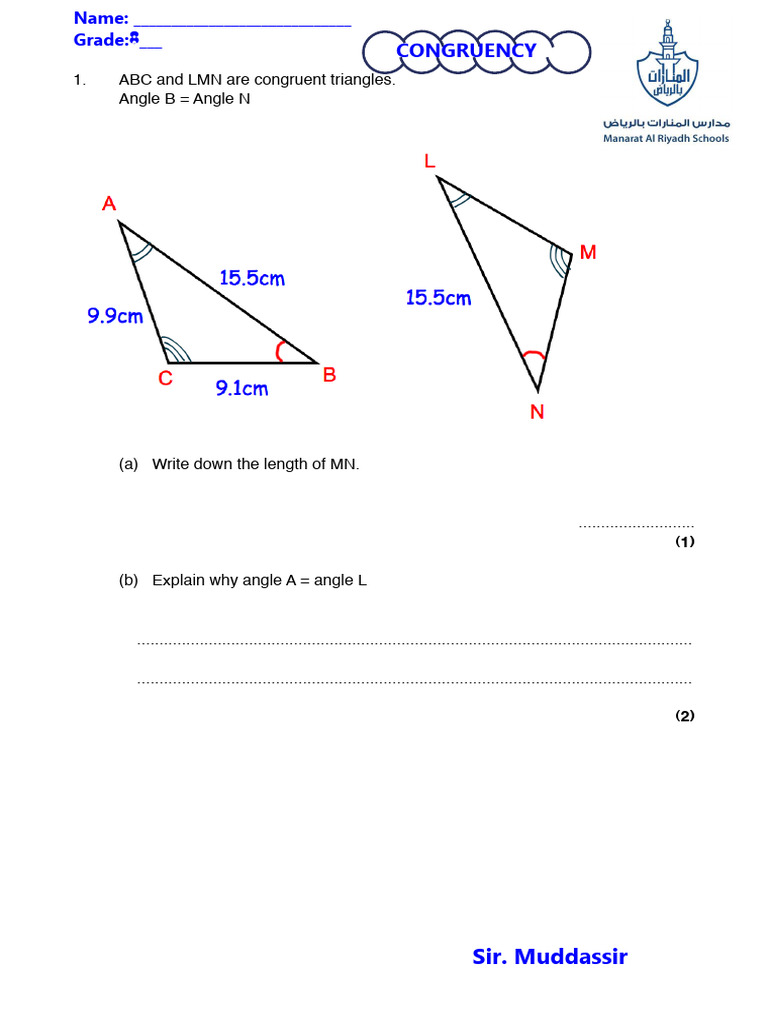 Congruency Worksheet #2 2019-20 | PDF | Triangle | Perpendicular