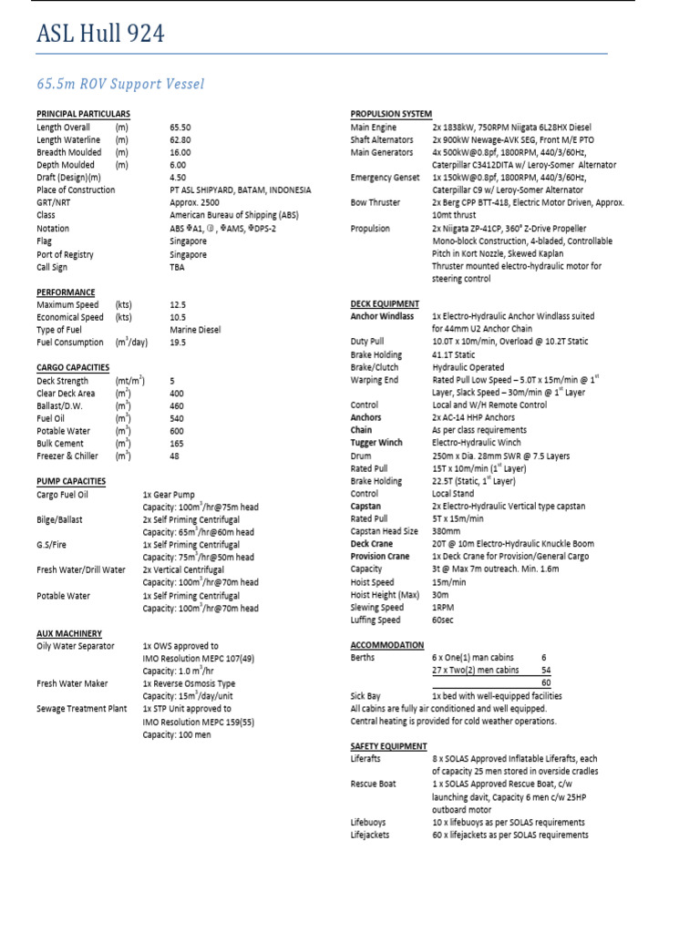 ASL HARMONY - H924 Specification - Sheet With GA - 65.5m ROV & OSV Rev.0 | PDF