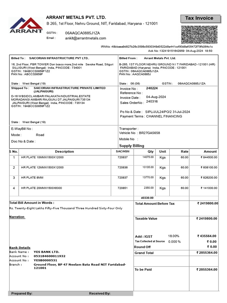 GST Invoice for Arrant Metals Pvt. Ltd. | PDF | Taxes | Payments