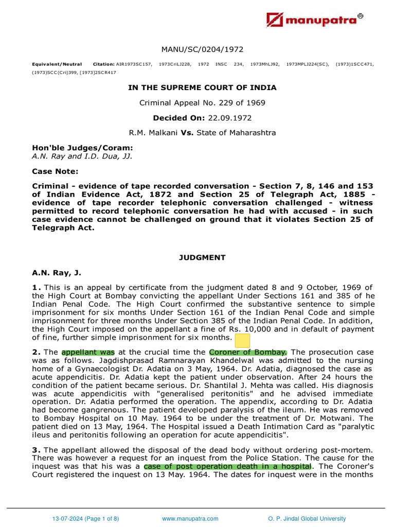 R.M. Malkani v. State of Maharashtra | PDF | Police | Telegraphy