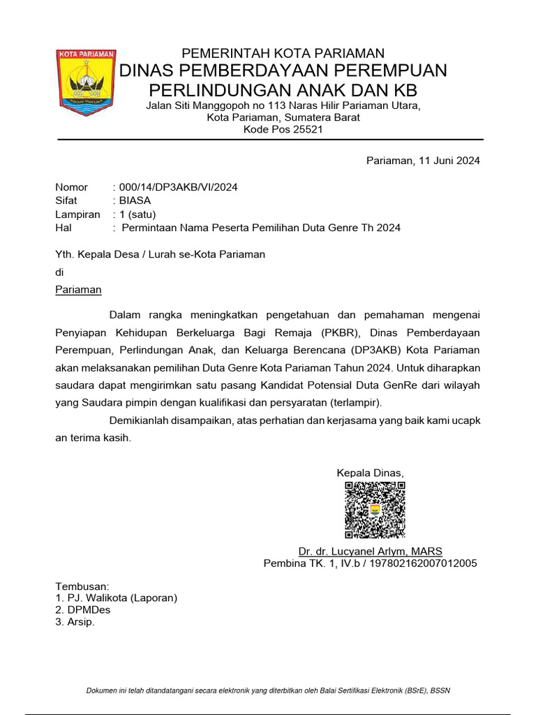 Surat Permintaan Peserta Pemilihan Duta GenRe | PDF