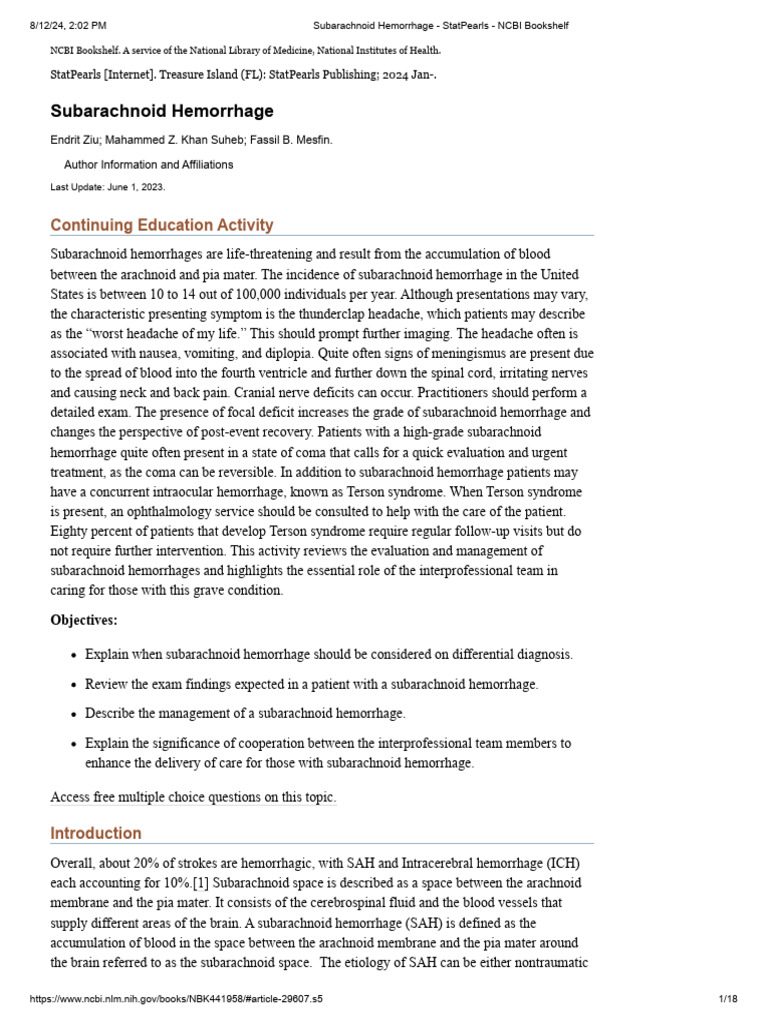 Subarachnoid Hemorrhage - StatPearls - NCBI Bookshelf | PDF ...