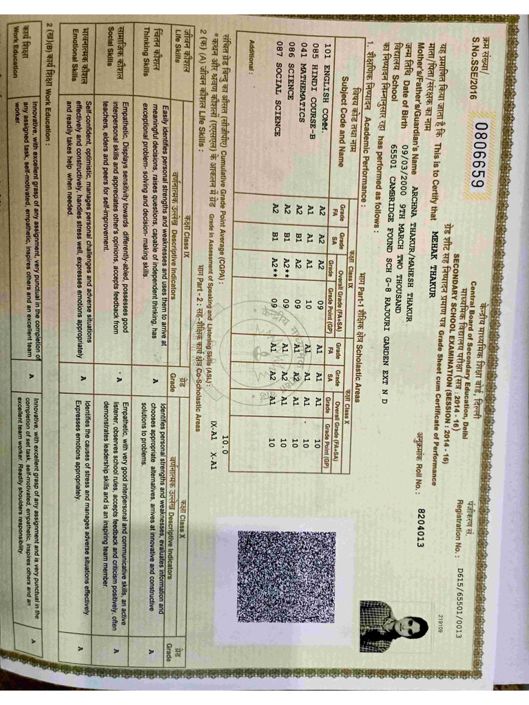 0713INGN - Mehak THAKUR - 10th - Marksheet - 190223 | PDF